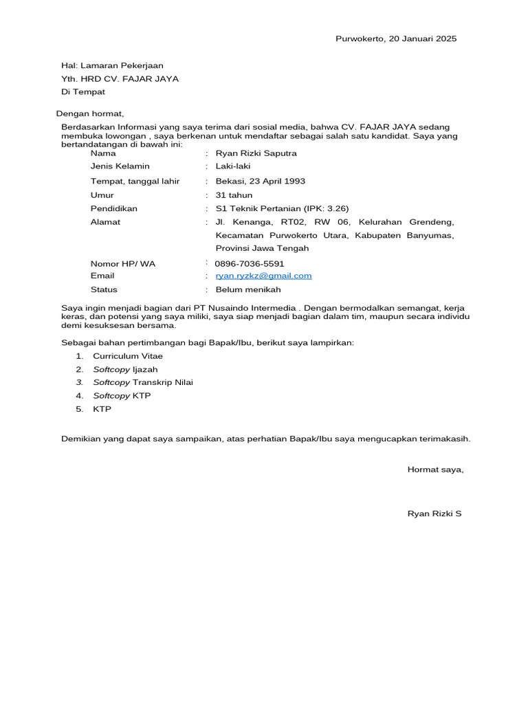 Lamaran Pekerjaan Ryan Rizki di Fajar Jaya | PDF