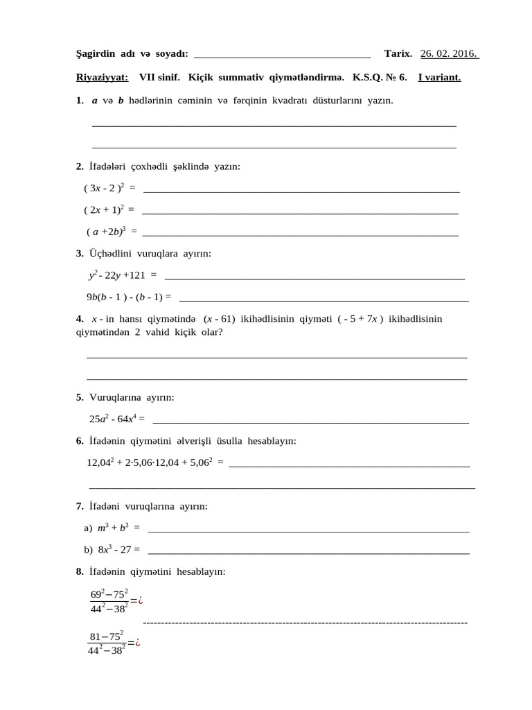 7 s. Riyaziyyat. KSQ 6. I-II variant. | PDF