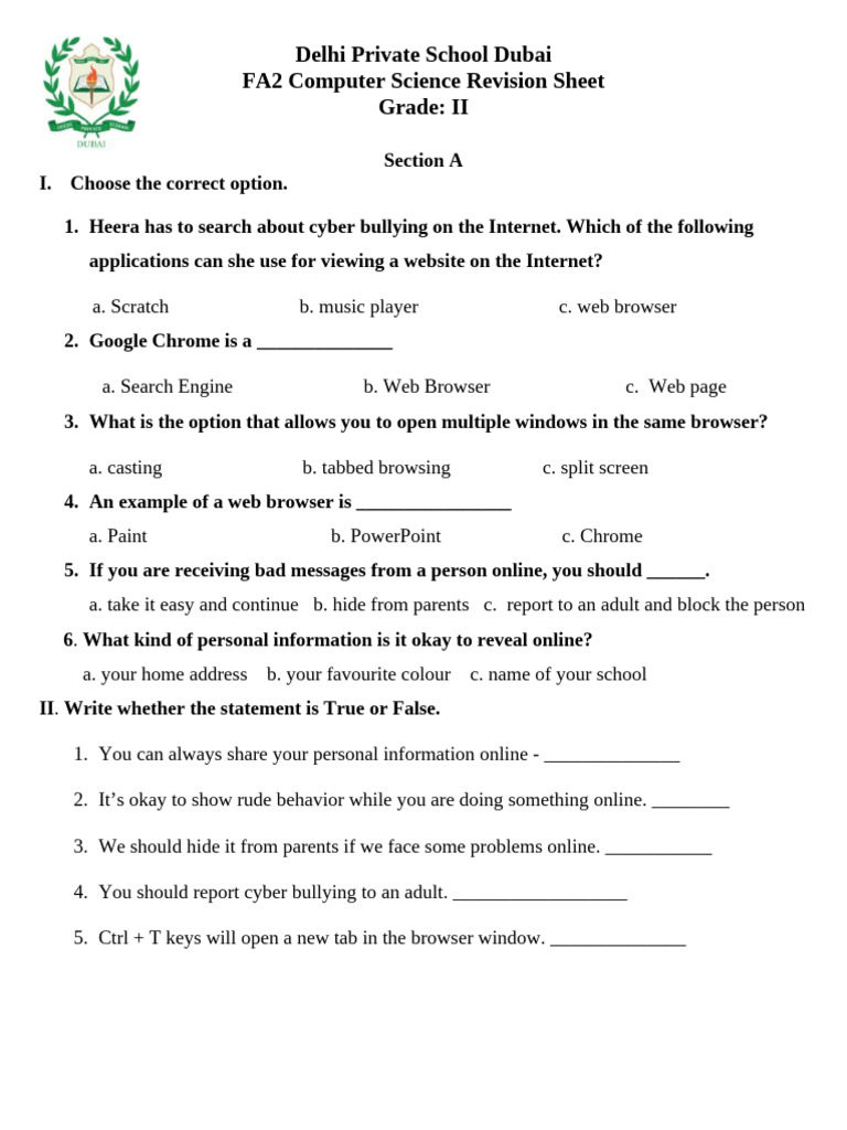 Grade 2 - Computer - FA2 - Revision - Sheet | PDF | Cyberbullying | Cyberspace