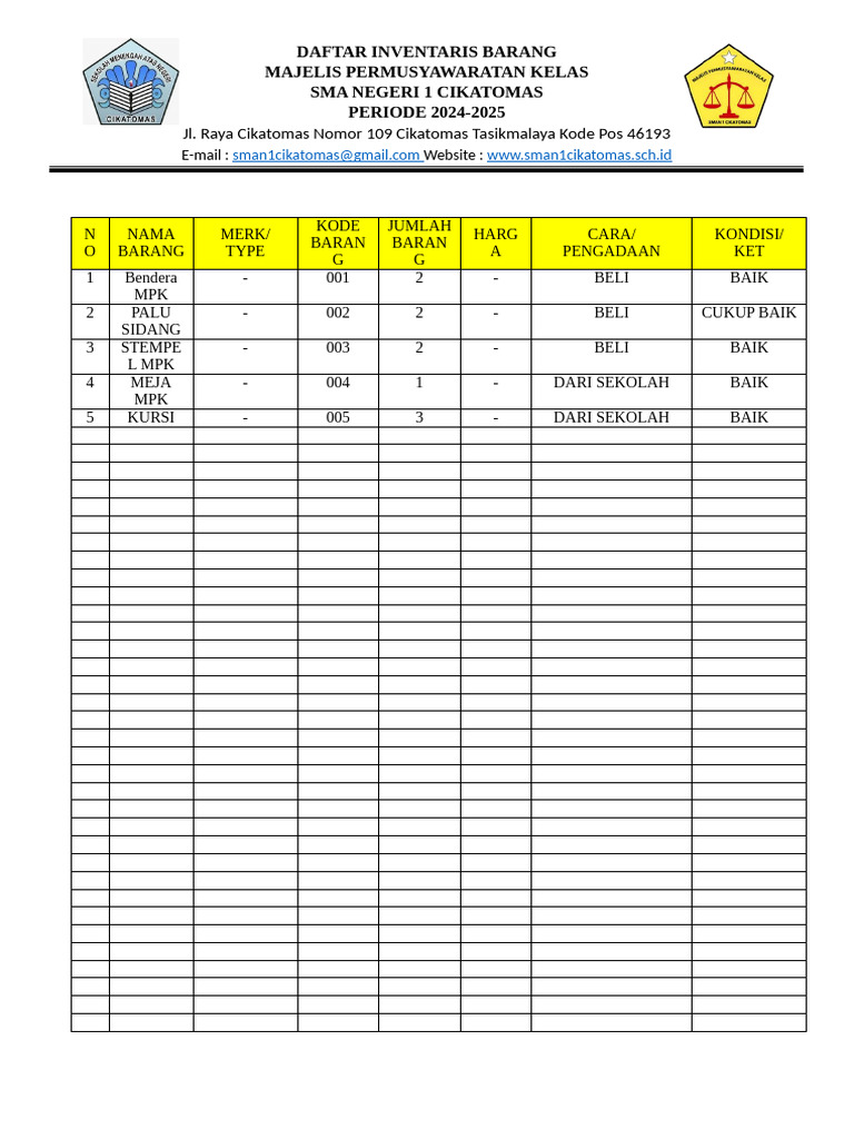Inventaris Barang Majelis Kelas SMA 2024-2025 | PDF