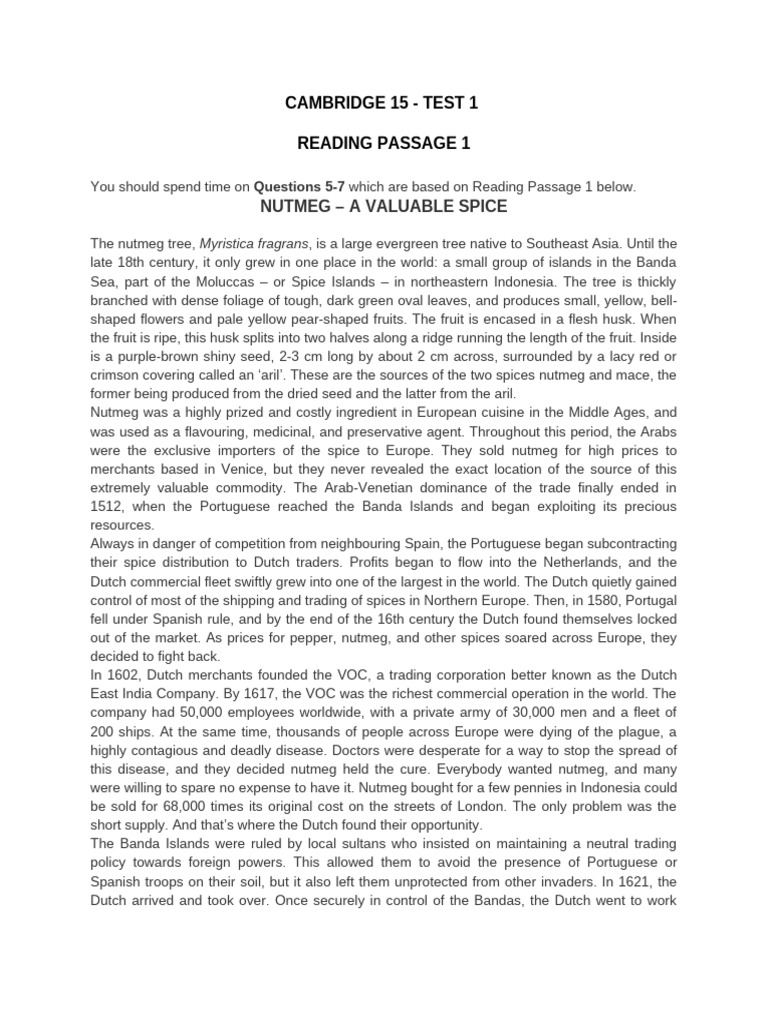 Unit 74. Cambridge 15 - Test 1 - Passage 1 | PDF | Nutmeg | Spice