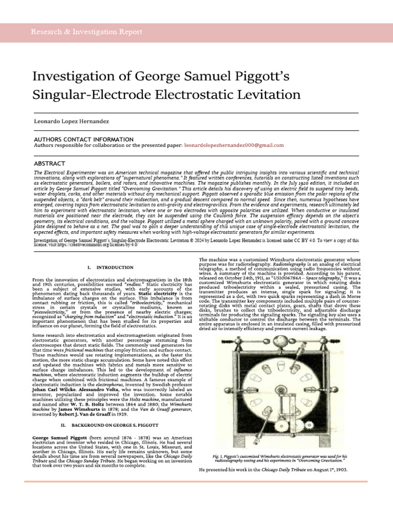 Investigation of George Samuel Piggott Singular-Electrode Electrostatic ...