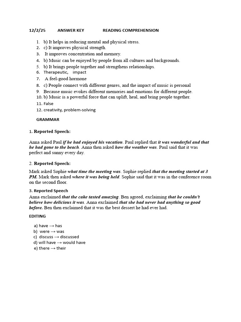 Reading Comprehension Answer Key | PDF