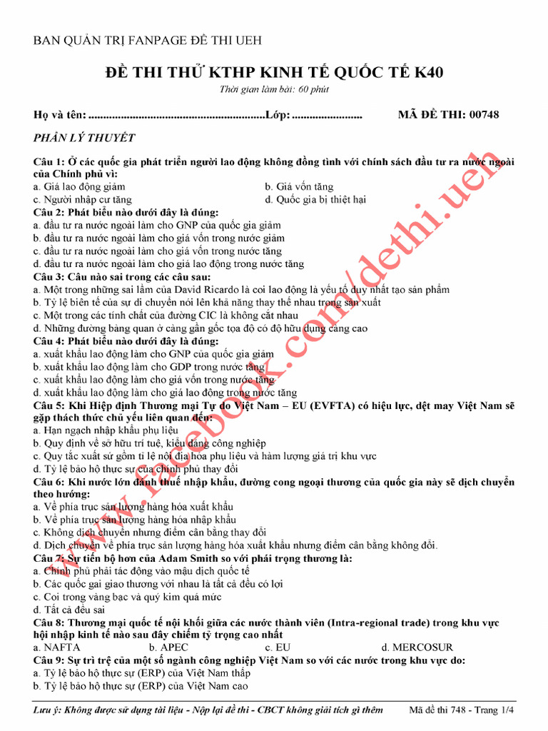 De Thi Thu Ket Thuc Hoc Phan Kinh Te Quoc Te k40 Ueh | PDF