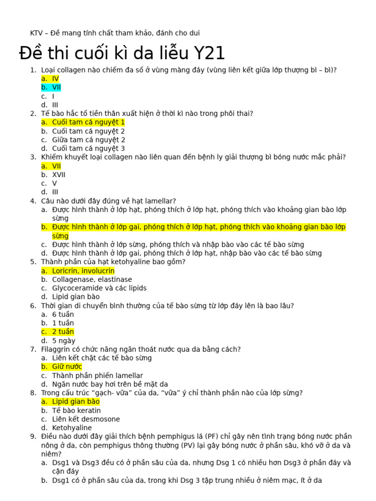 Đề thi cuối kì da liễu Y21 | PDF