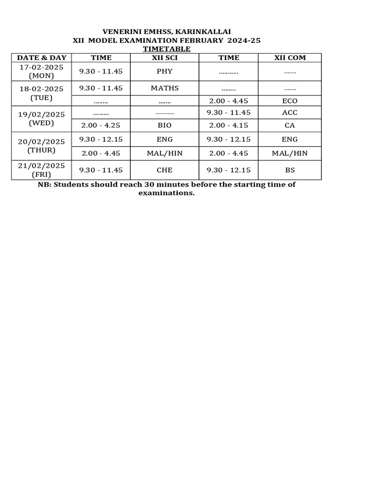 Model Time Table For Xii Sci & Com | PDF
