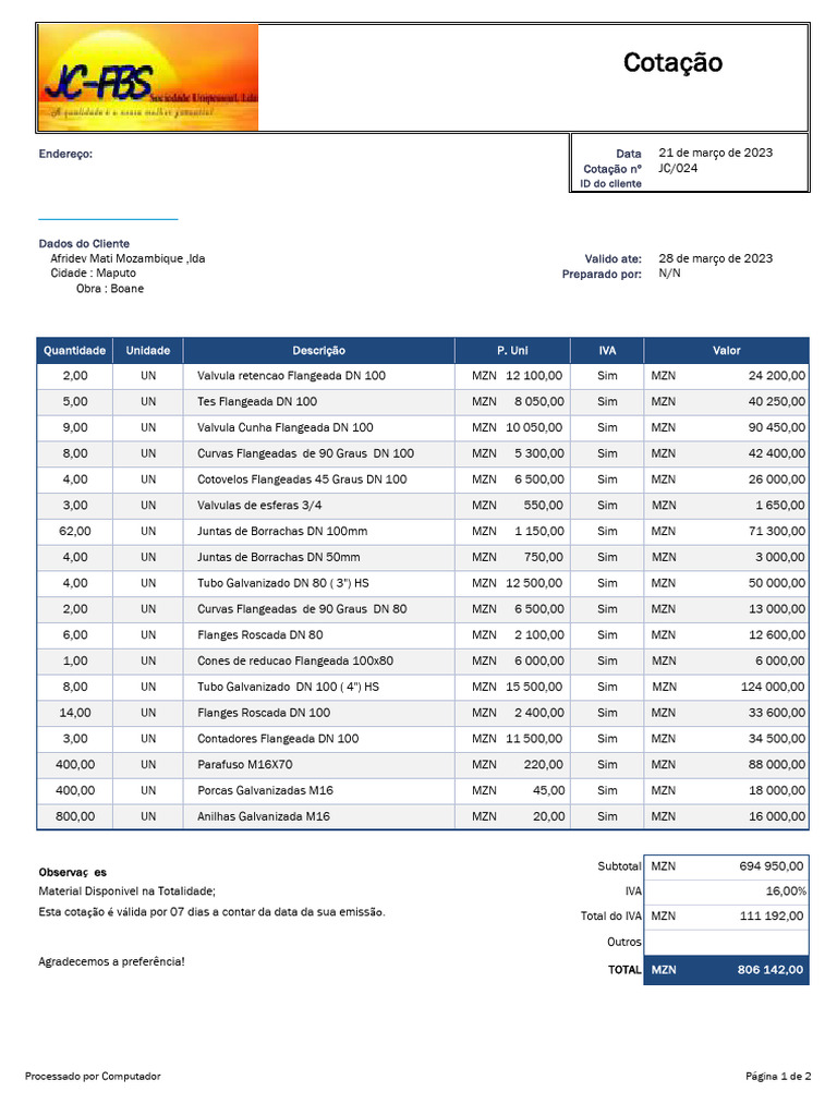 24 - Cotacao NR JC024 - Afridev Mati | PDF
