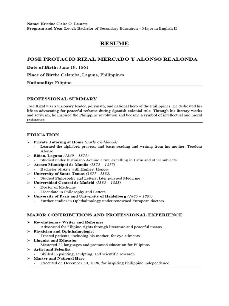 RIZAL RESUME - LAURETE ASSIGNMENT | PDF | Philippines