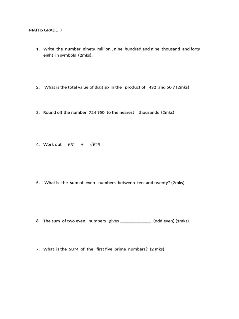 Grade 7 Maths Practice Questions | PDF