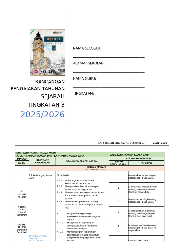 RPT Sejarah Tingkatan 3 Sambest 2025 2026 | PDF