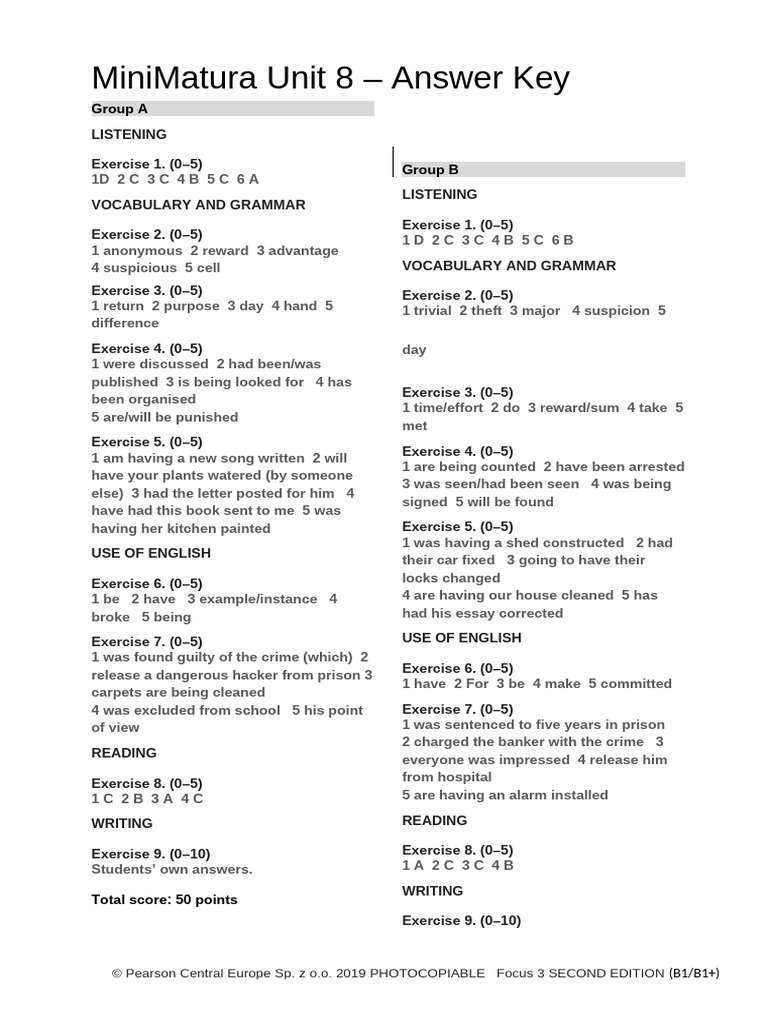 Focus3 2E MiniMatura Unit8 ANSWERS | PDF | Misconduct | Law Enforcement