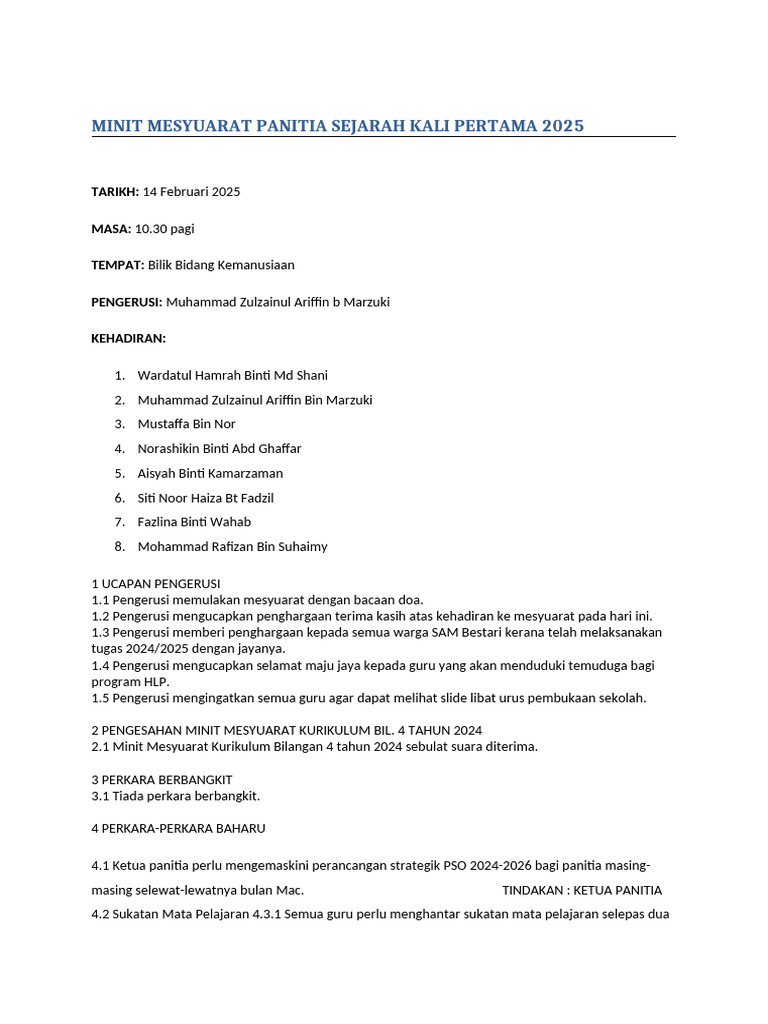 Minit Mesyuarat Panitia Bahasa Melayu Kali Pertama | PDF