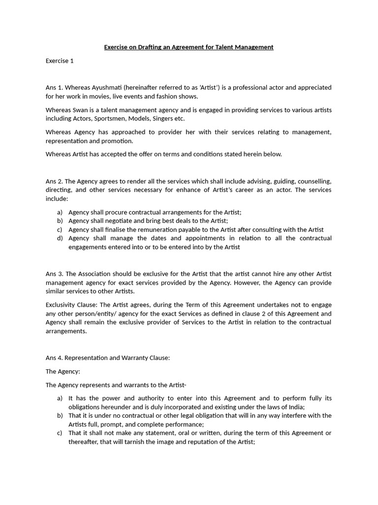 Exercise On Drafting An Agreement For Talent Management | PDF ...