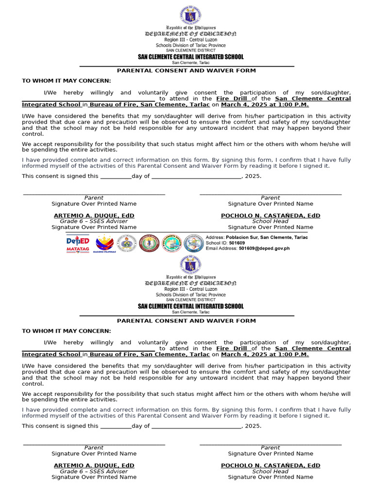 Fire Drill Parental Consent Form | PDF