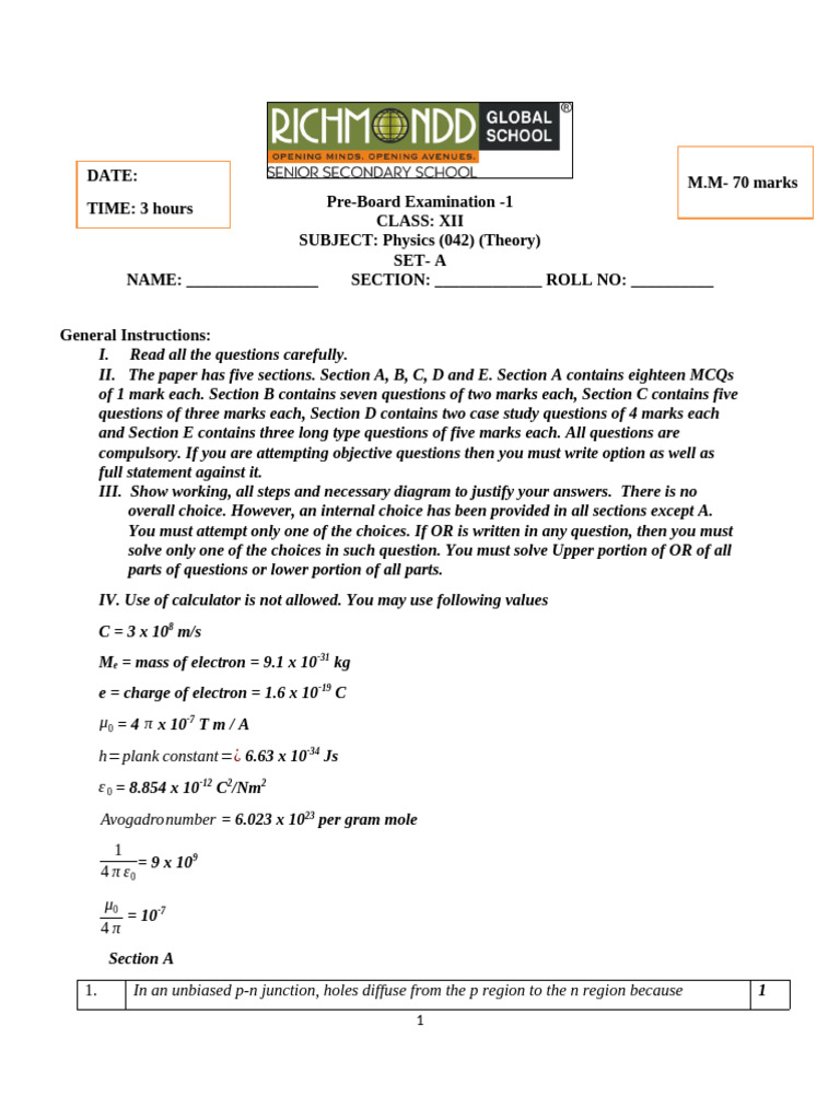 PHYSICS PB-1 CLASS 12 Set A2024 | PDF | Electronvolt | Electromagnetism