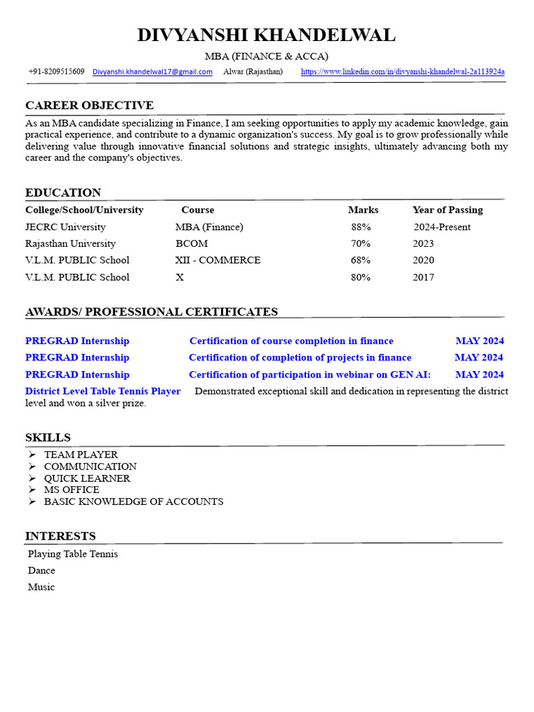 Divyanshi Khandelwal: MBA Finance Profile | PDF