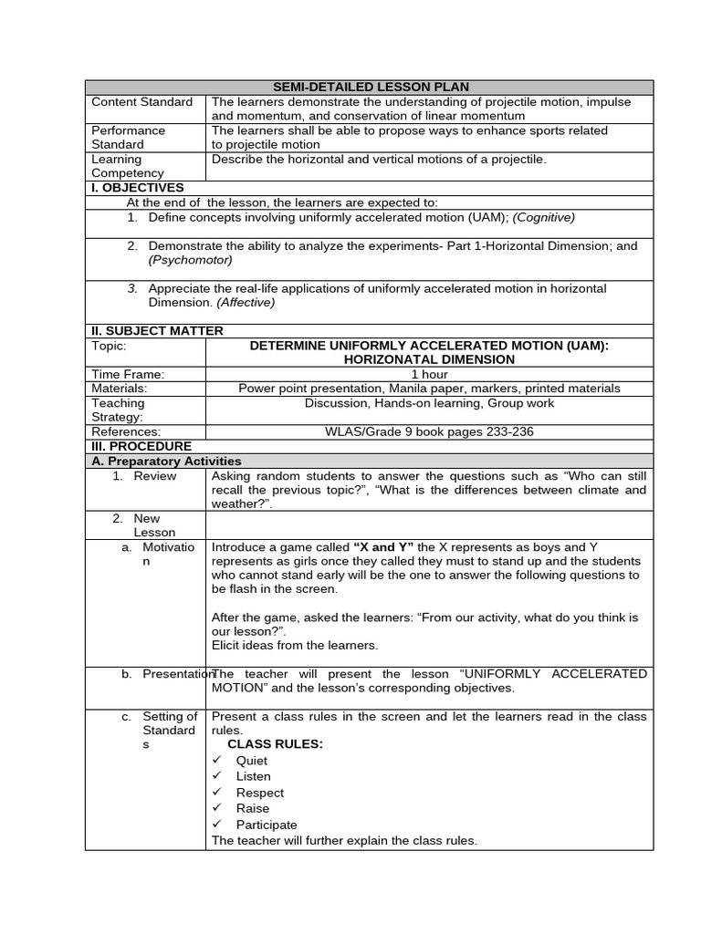 Lesson Plan on Uniformly Accelerated Motion | PDF | Acceleration | Velocity
