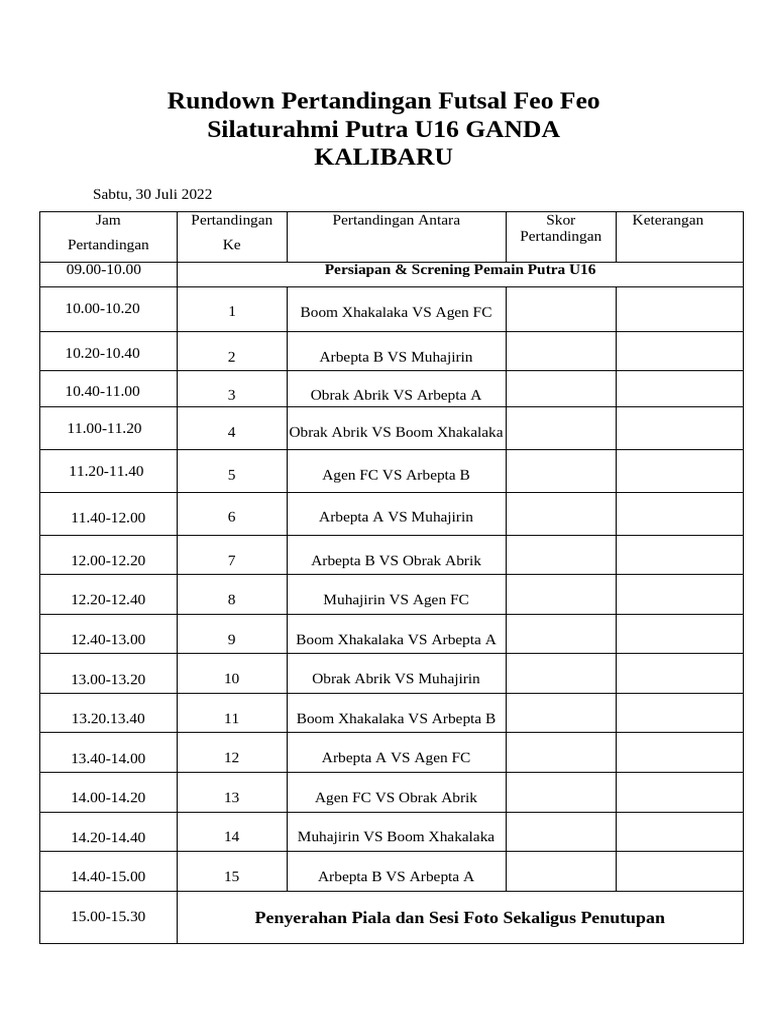 Rundown-Pertandingan-Futsal Putra U16 | PDF