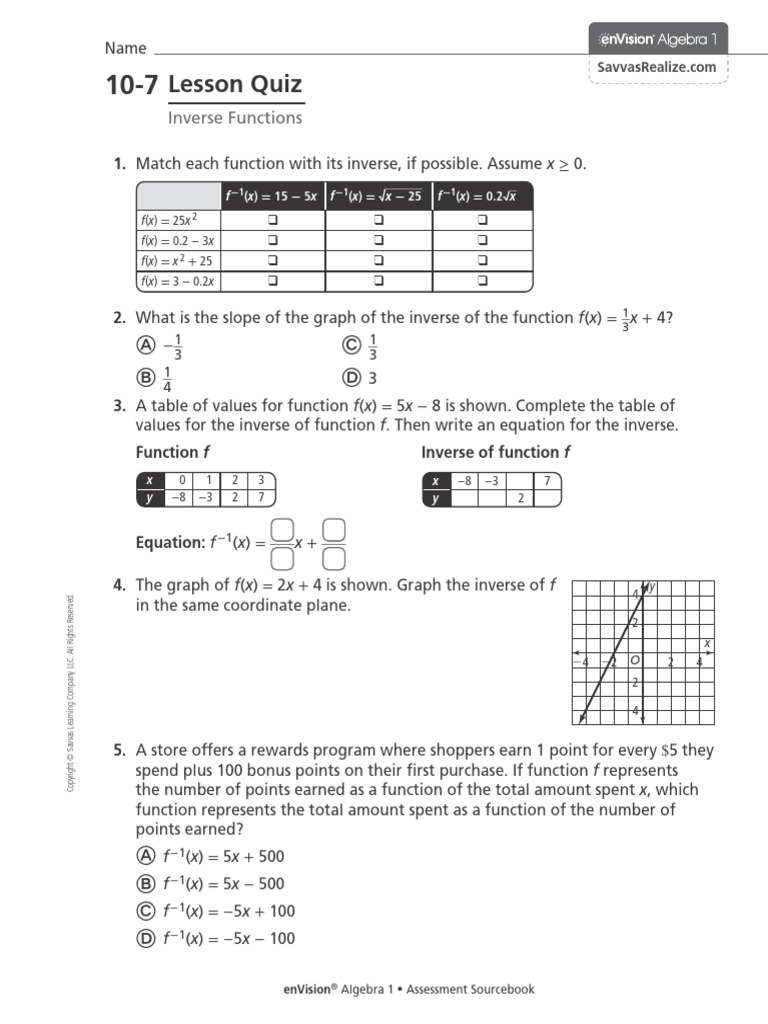 Printable - 10-7 - Lesson Quiz | PDF | Function (Mathematics ...