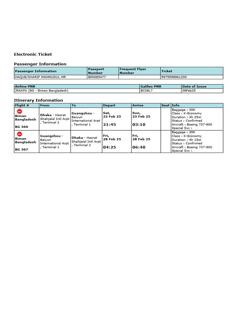 Biman Bangladesh Flight Itinerary 2025 | PDF