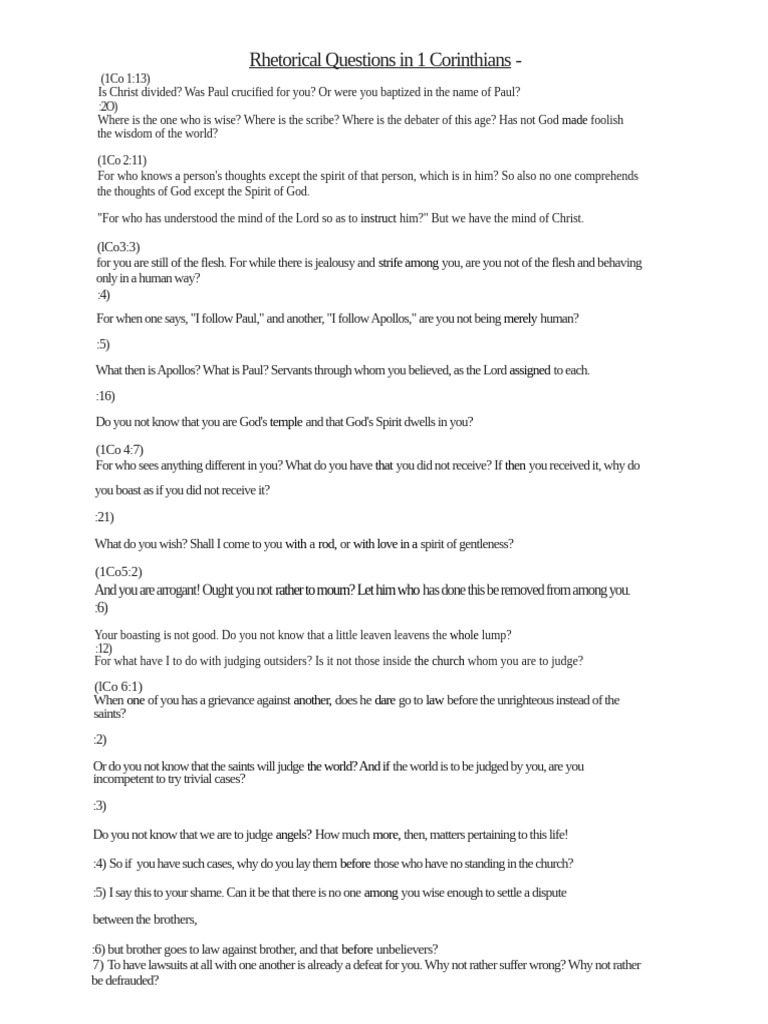 Rhetorical Questions in 1 Corinthians (SBS) | PDF | Paul The Apostle ...