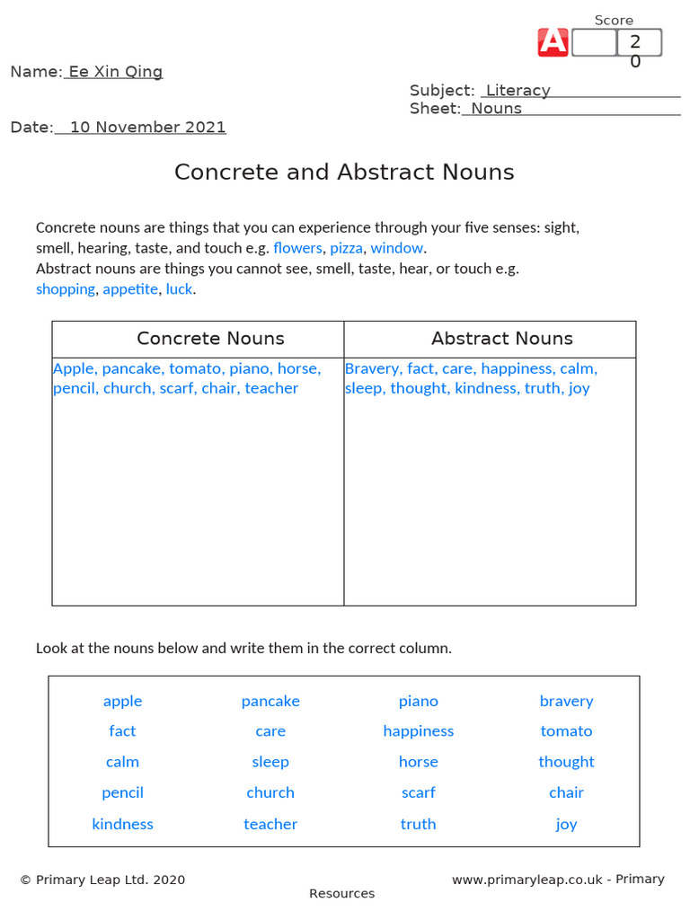 Concrete and Abstract Nouns Worksheet | PDF