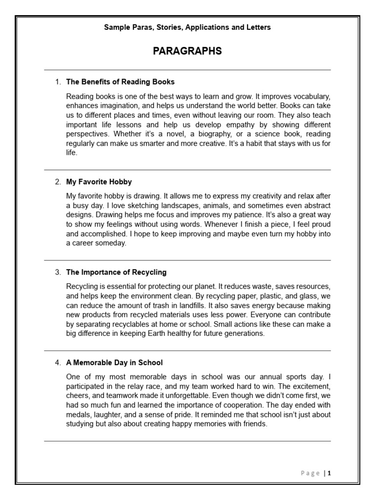Sample Paragraphs, Letters, Applications and Stories | PDF | Healthy ...