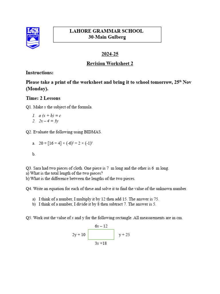 Revision Worksheet 2 | PDF