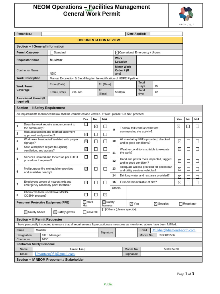 General Work Permit Emergency | PDF | Personal Protective Equipment | Safety
