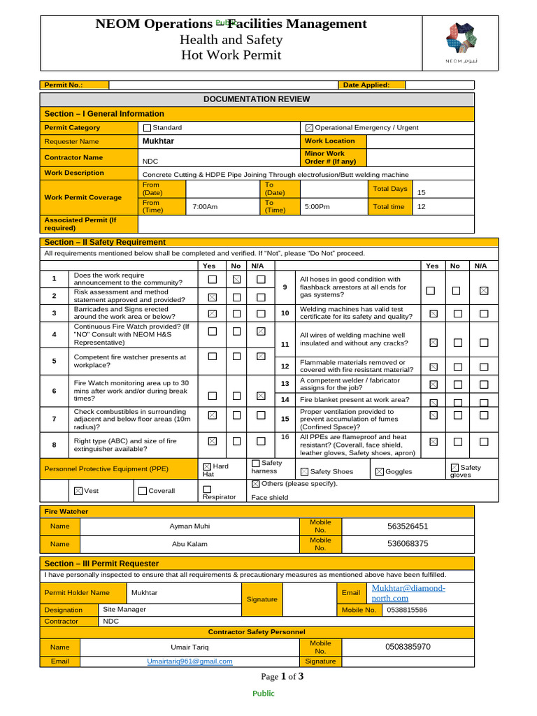 Hot Work Permit Emergency | PDF | Personal Protective Equipment | Welding