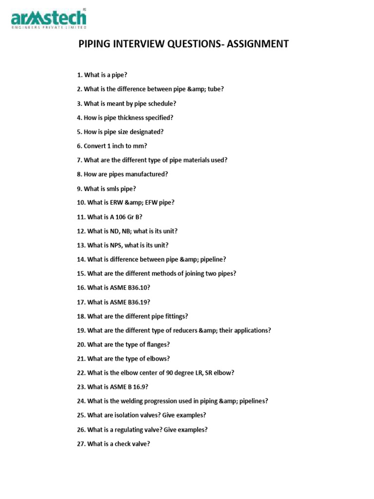 Piping Interview Questions - Assignments 2 | PDF | Pipe (Fluid ...