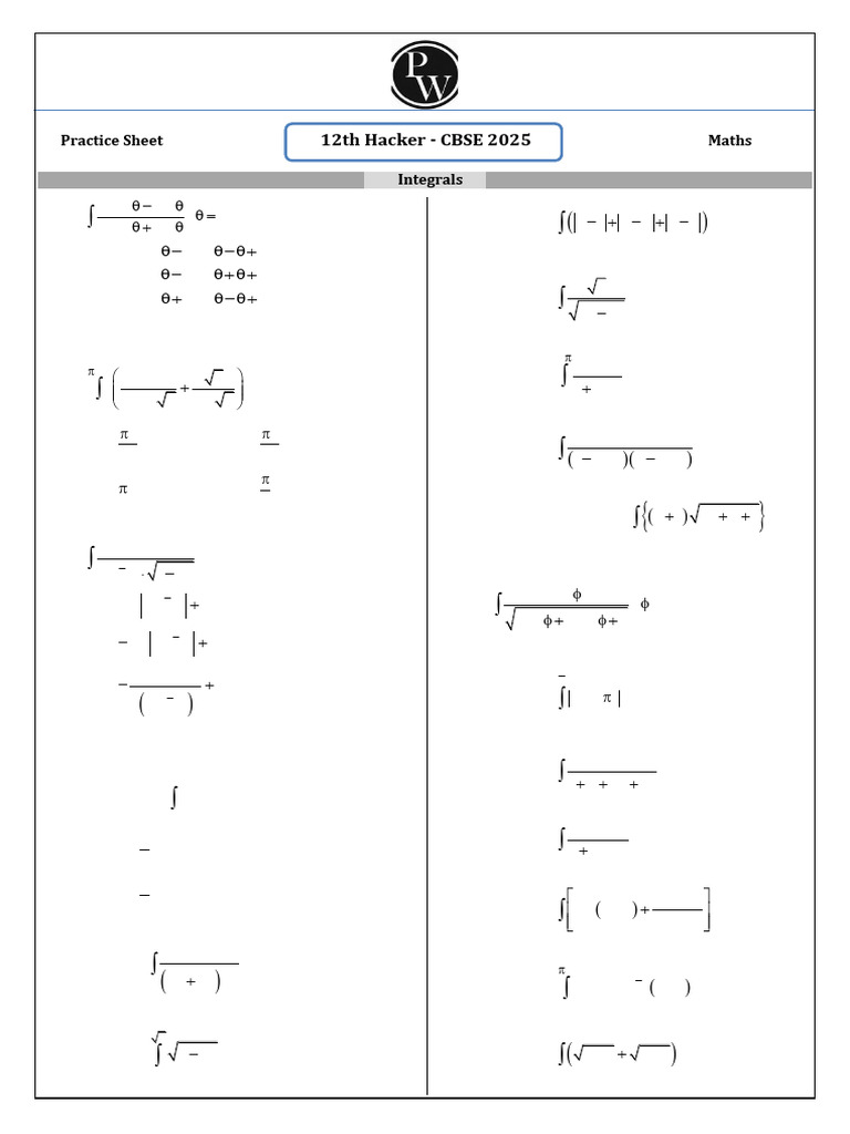 Integrals - Practice Sheet - 12th Hacker - CBSE 2025 | PDF ...