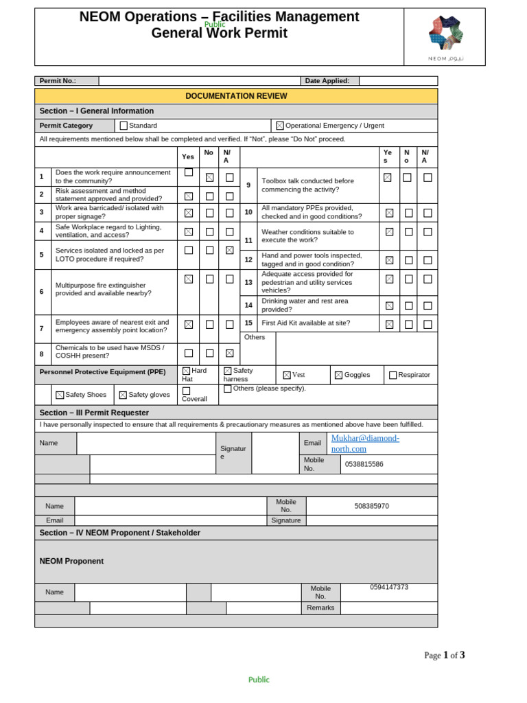 NEOM General Work Permit Checklist | PDF | Personal Protective ...