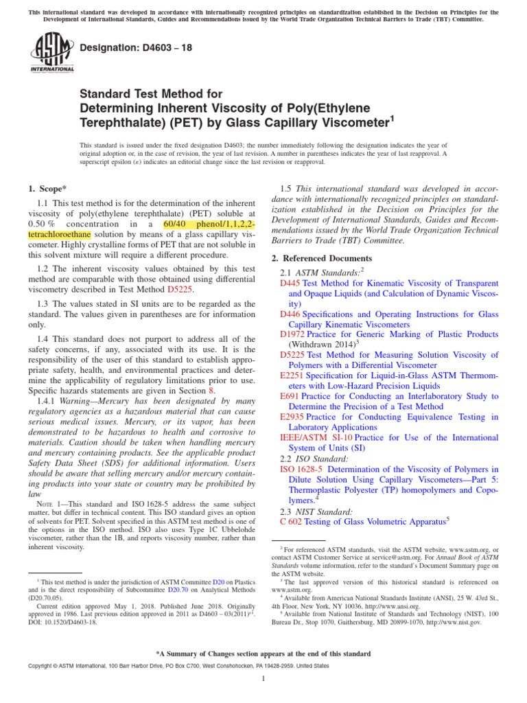 ASTM D4603-18 Determining Inherent Viscosity of PET by Glass Capillary ...