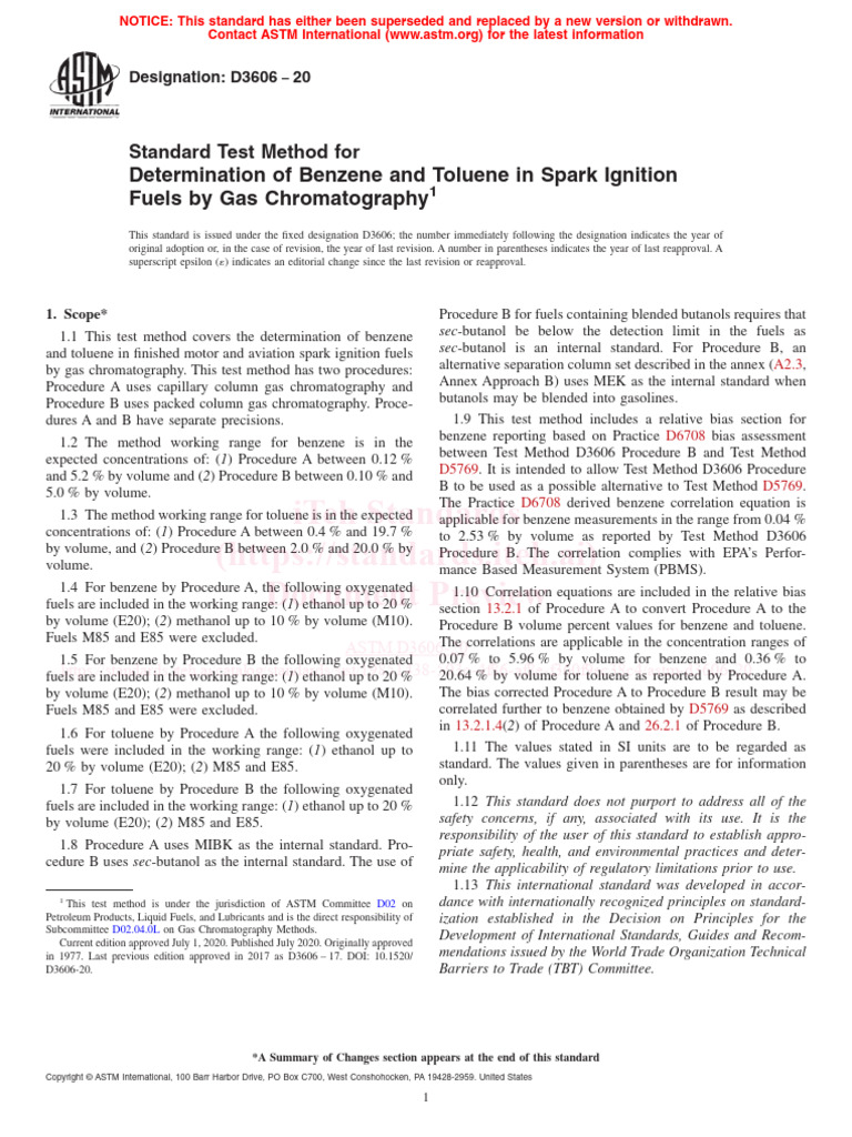 ASTM D3606-20 Standard Test Method For Determination of Benzene and ...