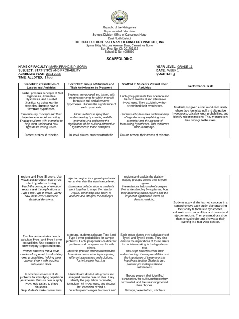 Stat & Prob Scaffolding Q4W1-2 | PDF | Hypothesis | Statistical ...