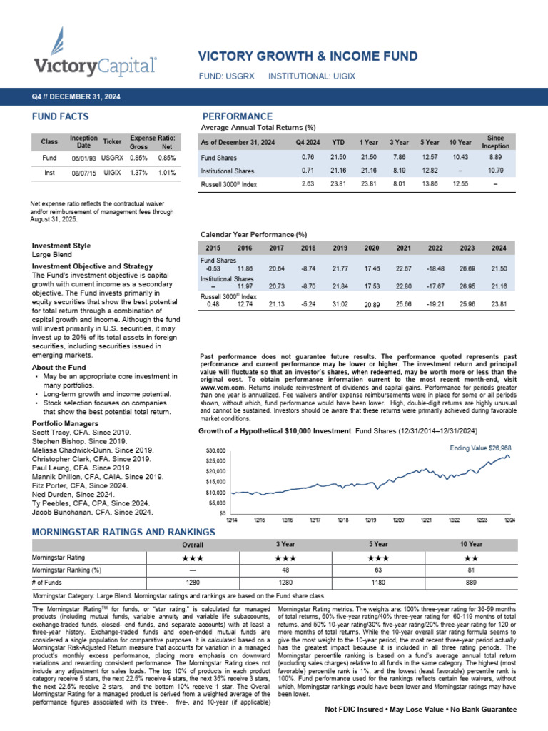 Victory Growth and Income Fund 4Q 2024 - Fund Facts | PDF | Financial ...