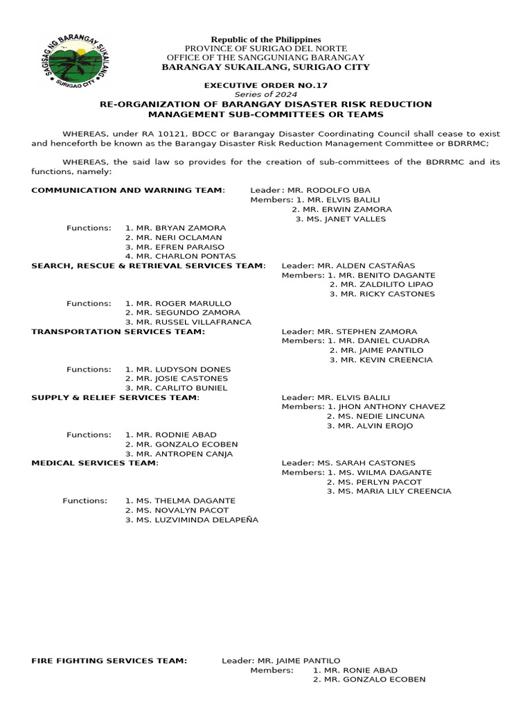 BDRRMC Sub Committees E.O | PDF | Disasters