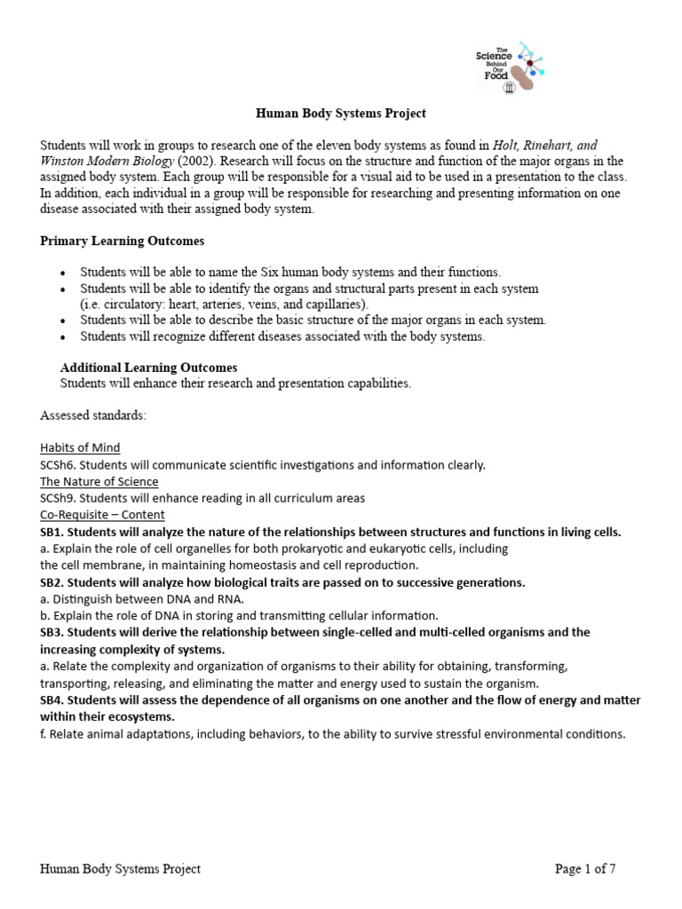 Human Body Systems Project - Myp1 | PDF | Cell (Biology) | Biology