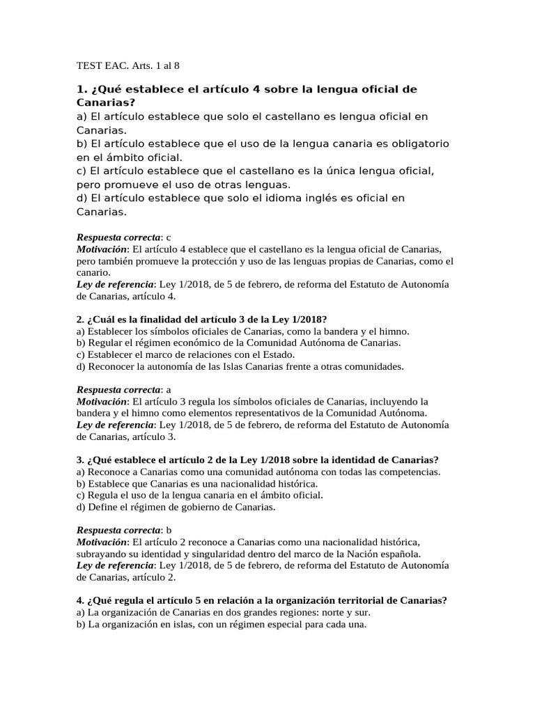 TEST EAC Arts 1 A 8 Correcto | PDF | Islas Canarias | España