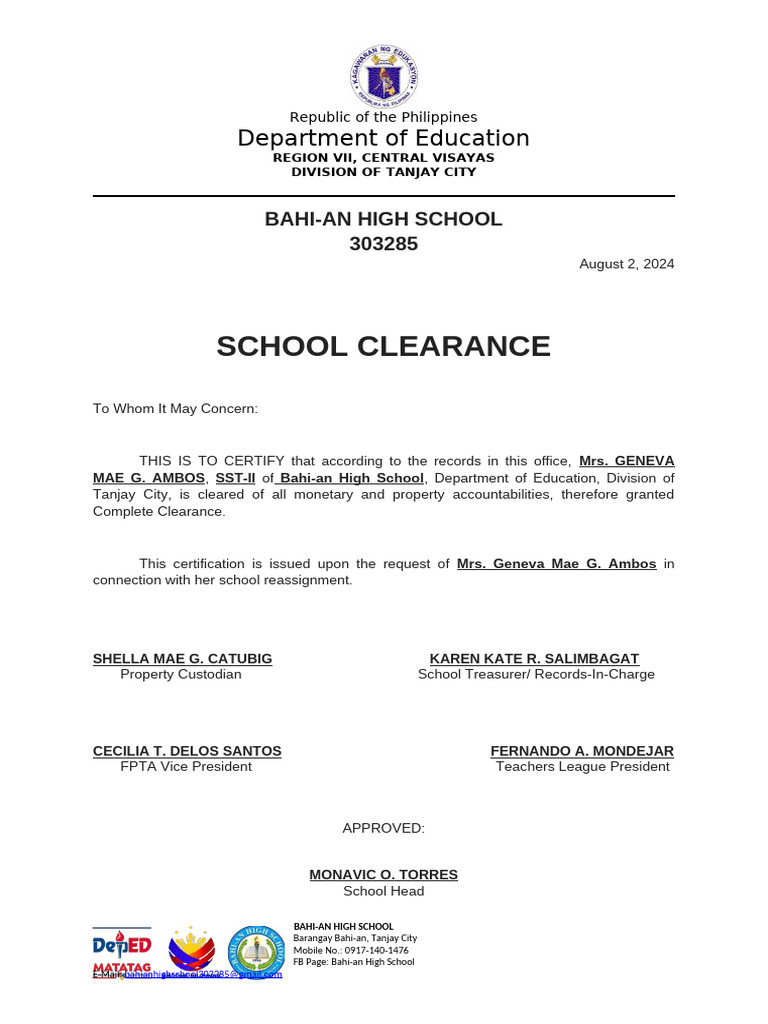 School Clearance for Teacher | PDF