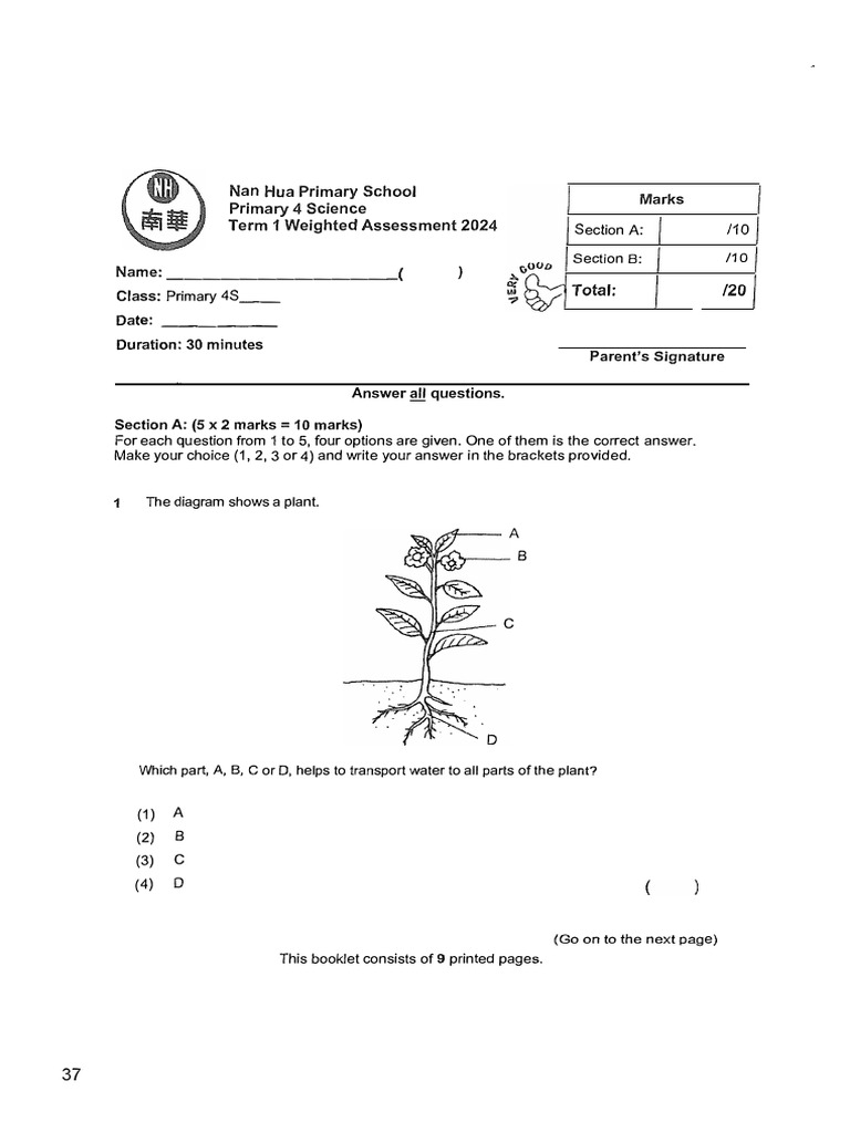P4 Science WA1 2024 NanHua Exam Papers | PDF