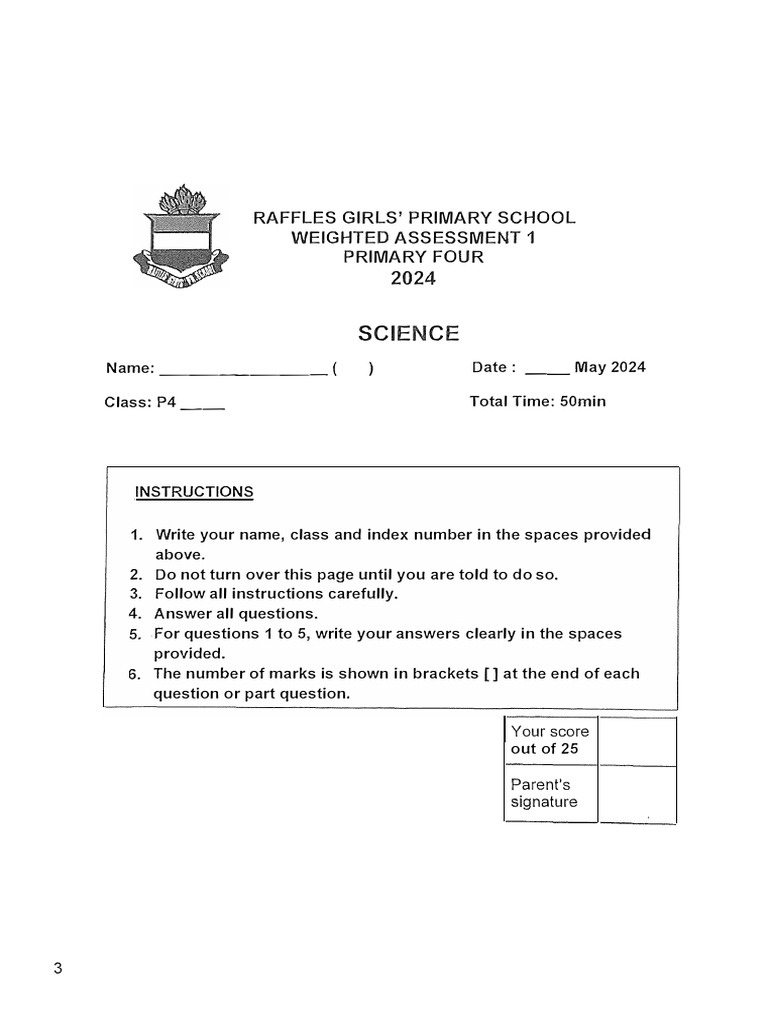 P4 Science WA1 2024 Raffles Exam Papers | PDF