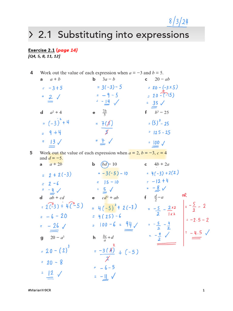2.1 Substituting Into Expressions WB | PDF | Subtraction | Elementary ...