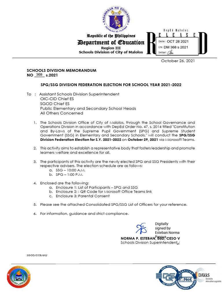 DM 368 S 2021 SPG - SSG Division Federation Election For School Year ...