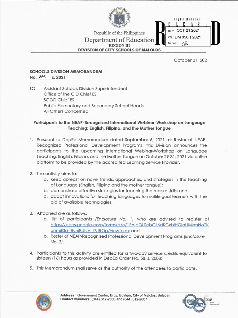 DM 356 S 2021 Participants To The NEAP Recognized International Webinar ...