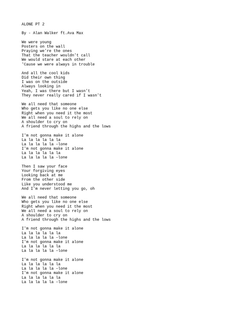 Alone Pt 2 Lyrics Alan Walker Ft Ava Max Pdf