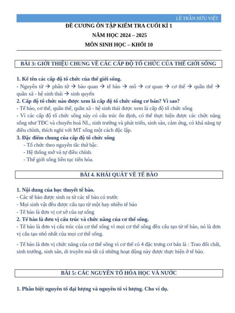 ĐỀ CƯƠNG CK1 MÔN SINH 10 | PDF