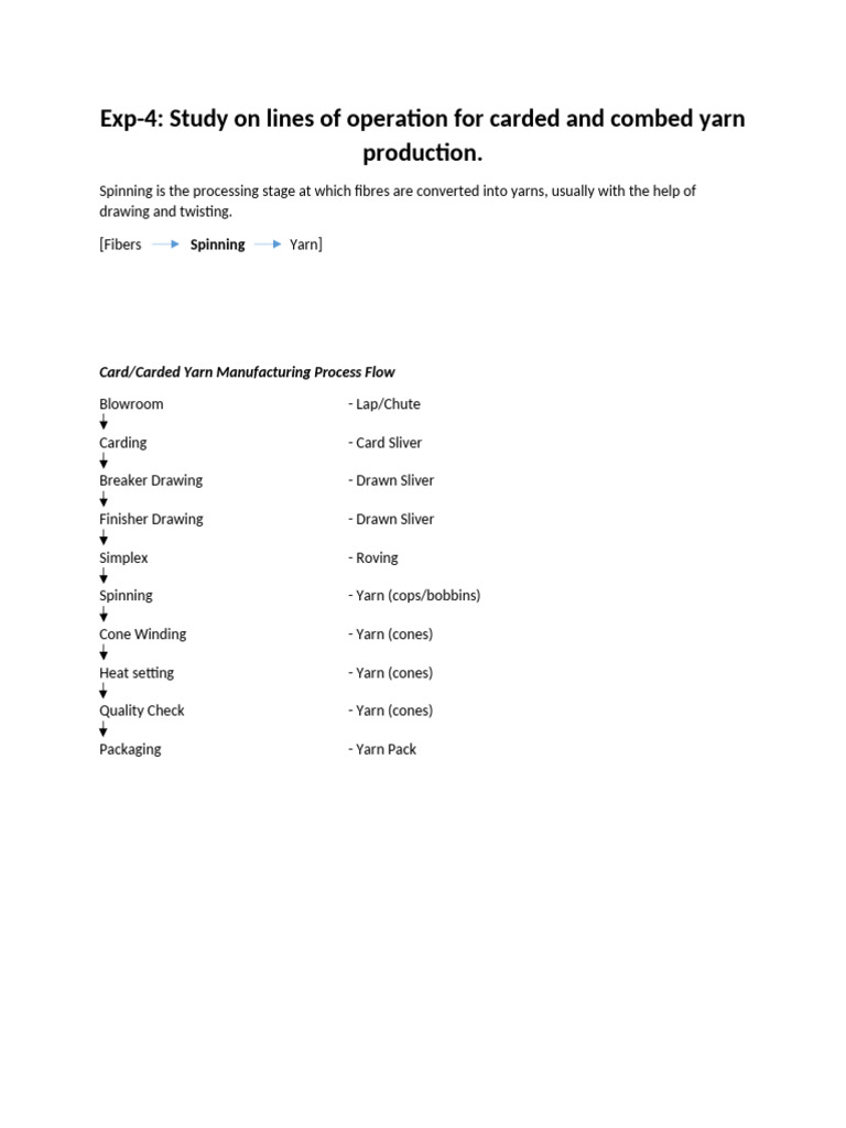 Exp 4 - Study On Lines of Operation For Carded and Combed Yarn ...