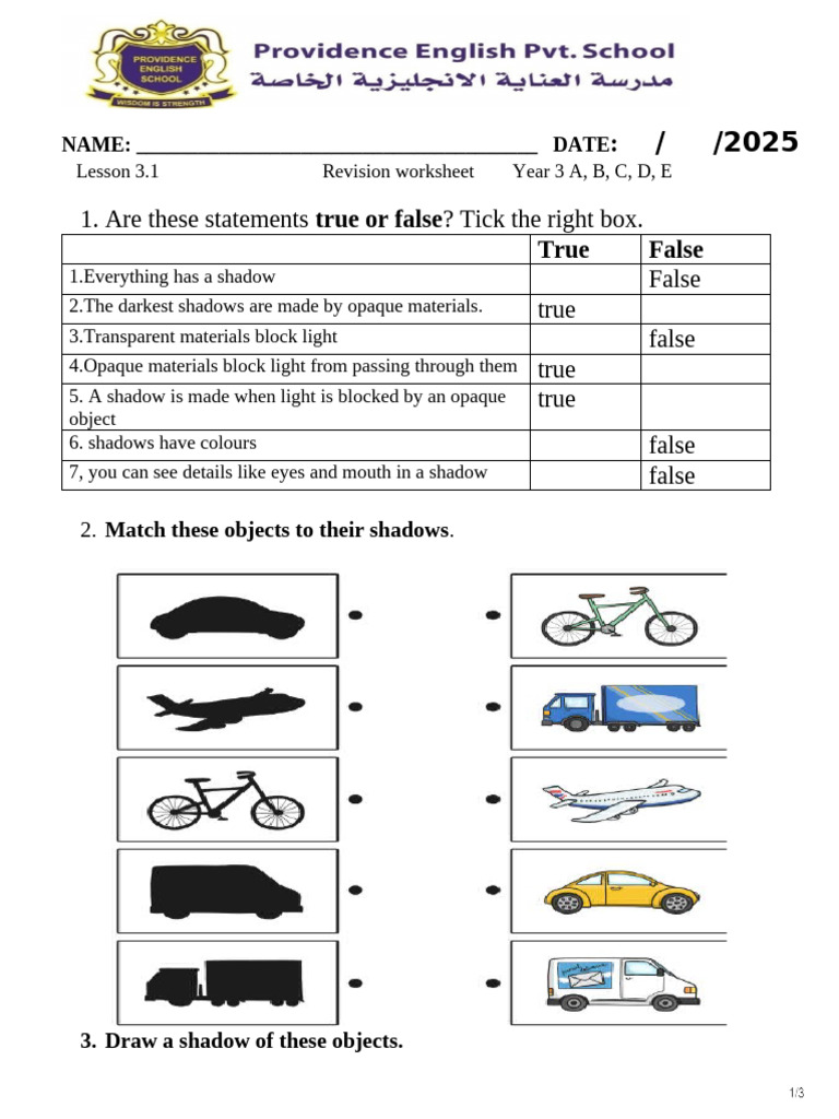 Year 3 Shadow Revision Worksheet | PDF